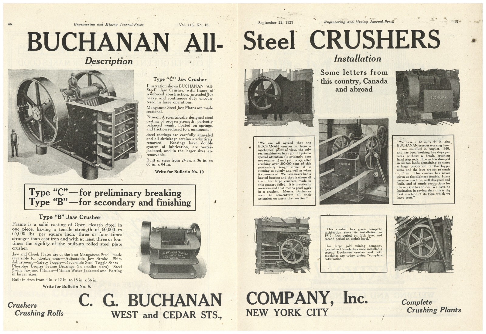 1923 Buchanan Co. 2 Separate Pg. Ad: Jaw Crushers for Mining Operations ...