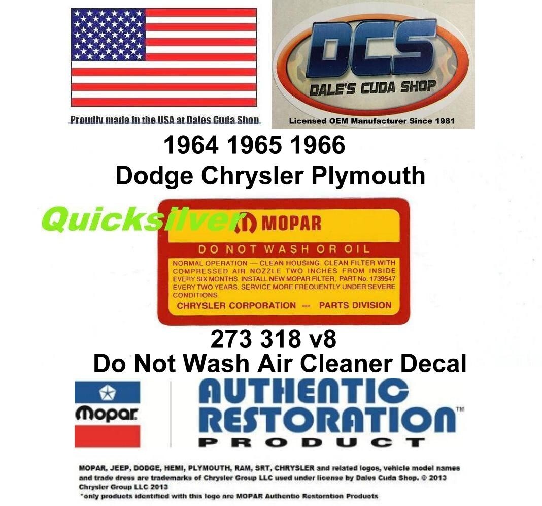1964 1966 Dodge Chrysler Plymouth 273 318 Do Not Wash Air Cleaner Decal ...
