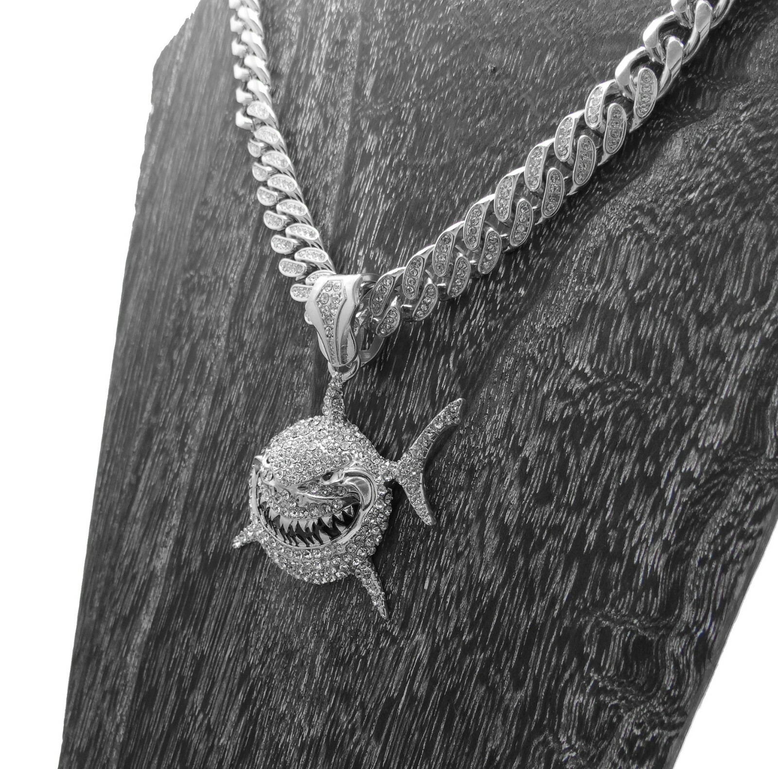 Silver PT Shark Pendant 18" 20" Partial Iced Cuban Chain Bling 6ix9ine ...