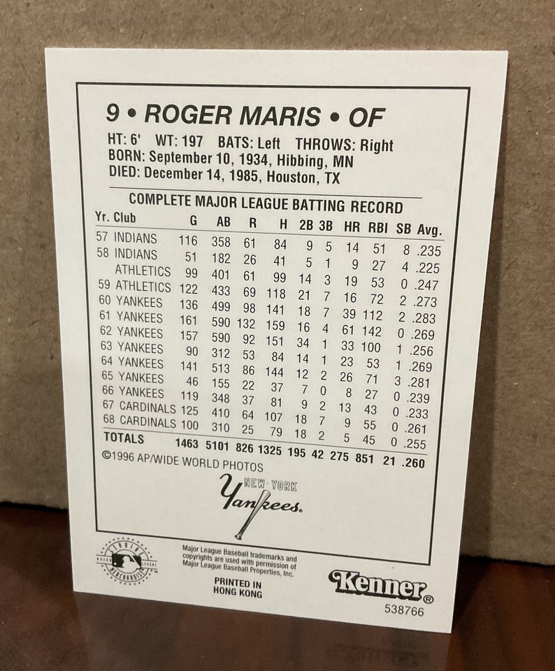 ROGER MARIS 1997 KENNER STARTING LINEUP CARD CLASSIC DOUBLES - YANKEES ...