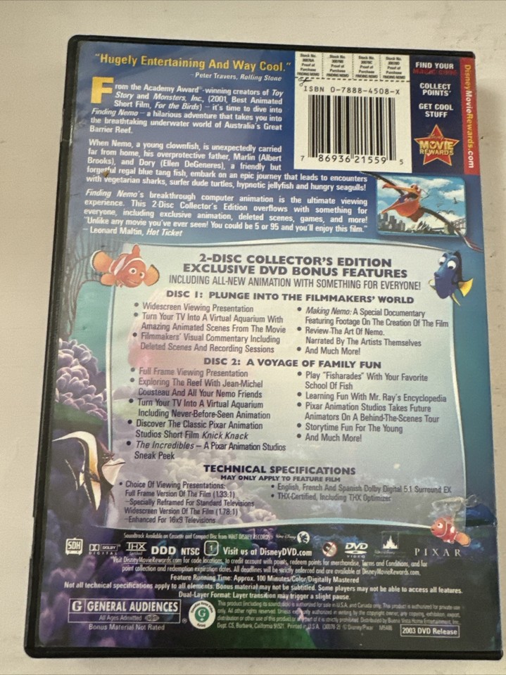 Finding Nemo (DVD, 2003, 2-Disc Set) Very Good 786936215595 | eBay