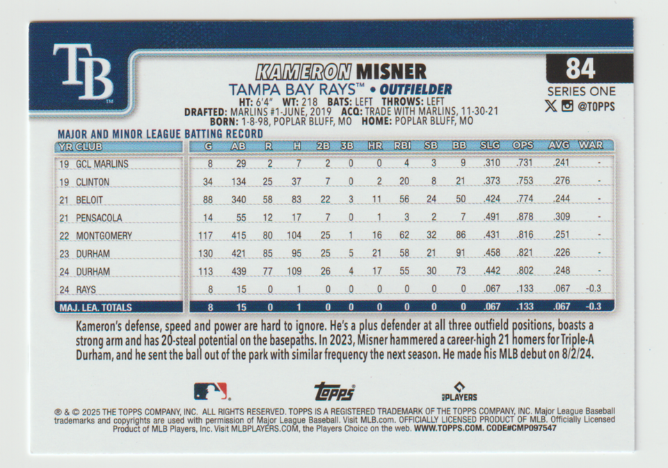 2025 Topps Baseball #84 Kameron Misner RC - Tampa Bay Rays | eBay