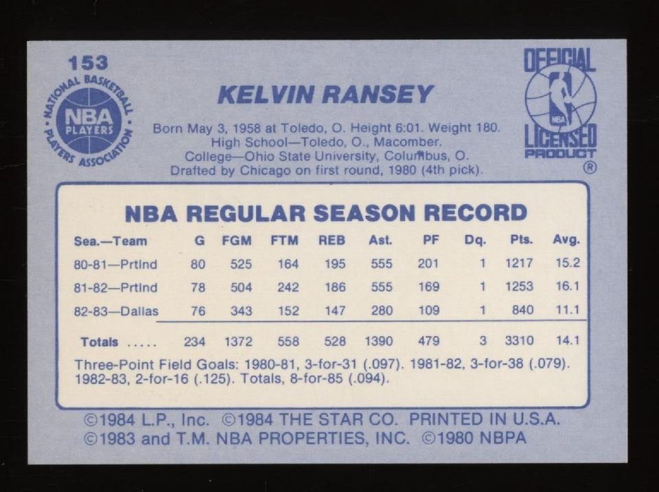 1983-84 Kelvin Ransey STAR Basketball #153 *NICE* New Jersey Nets (1A ...
