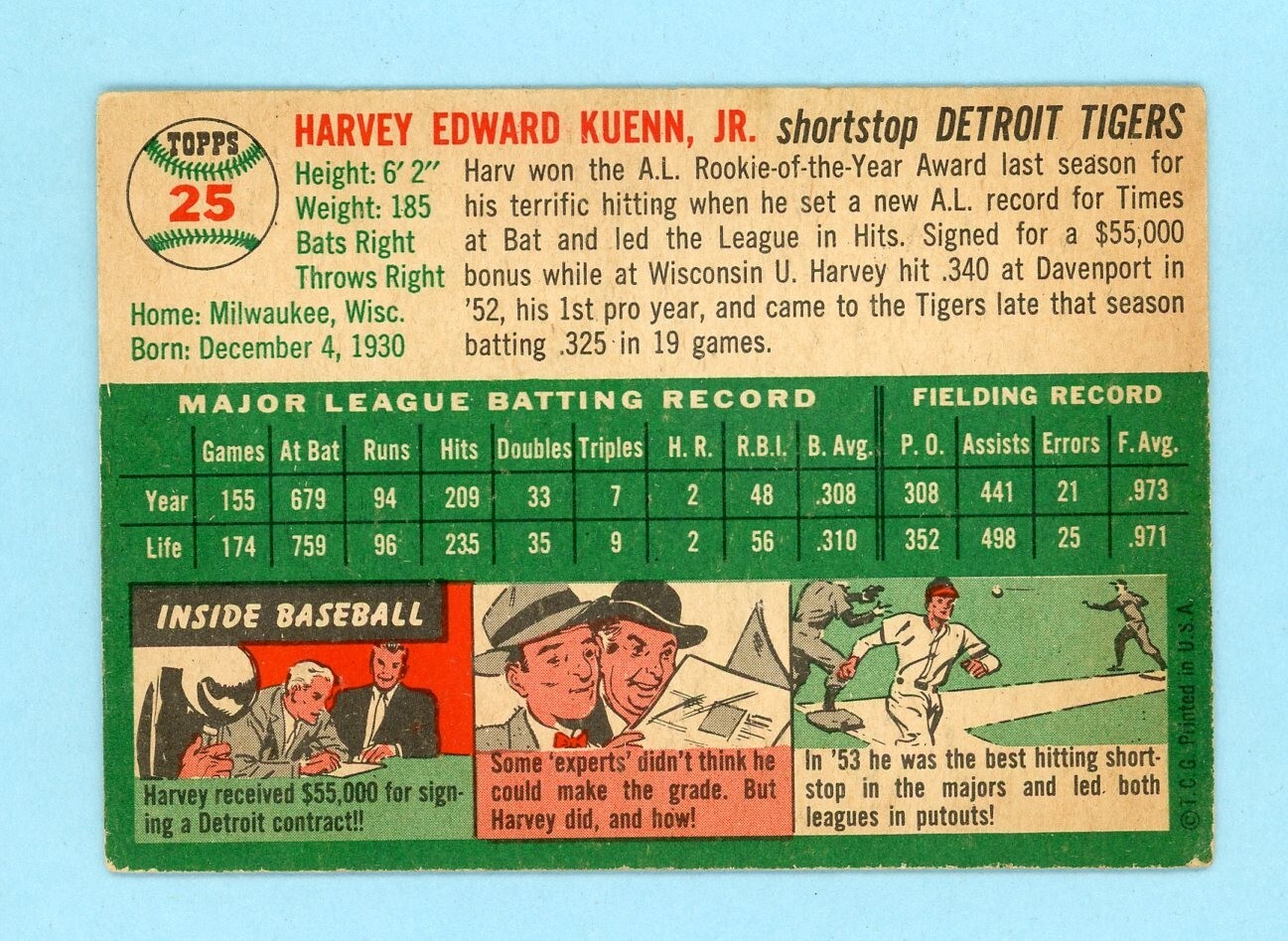1954 Topps 25 Harvey Kuenn Detroit Tigers Rookie Baseball Card Ex Ebay 2255