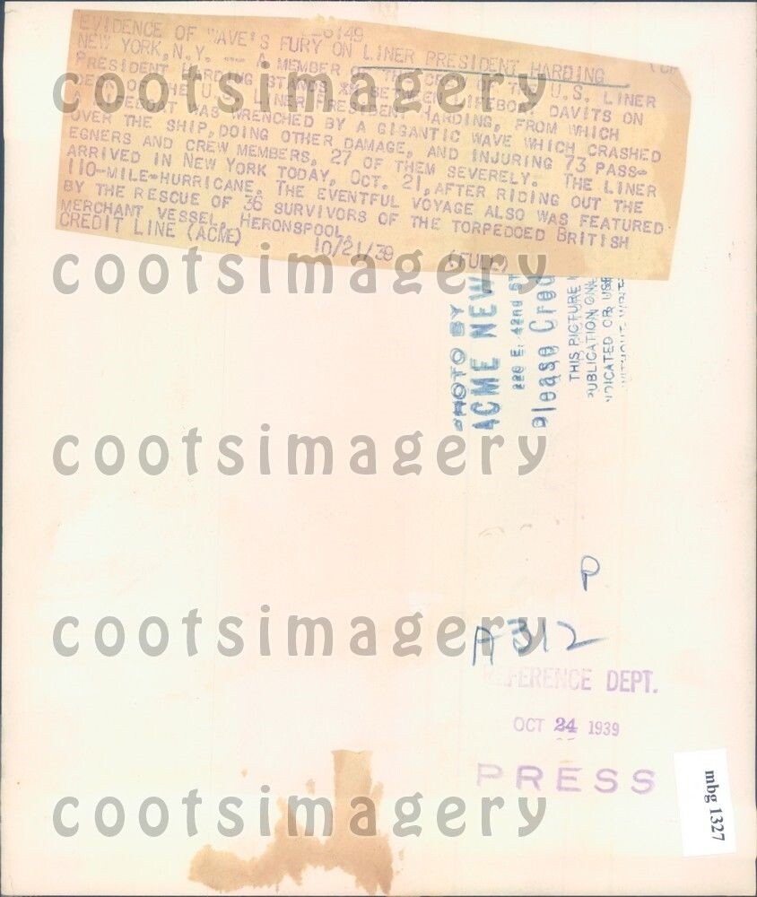 1939 Wave Damage Missing Life Boat SS President Harding Ship Press ...
