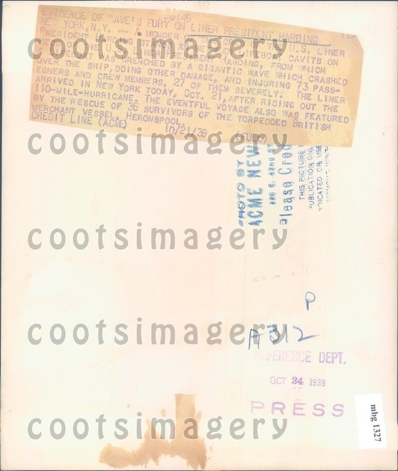 1939 Wave Damage Missing Life Boat SS President Harding Ship Press ...