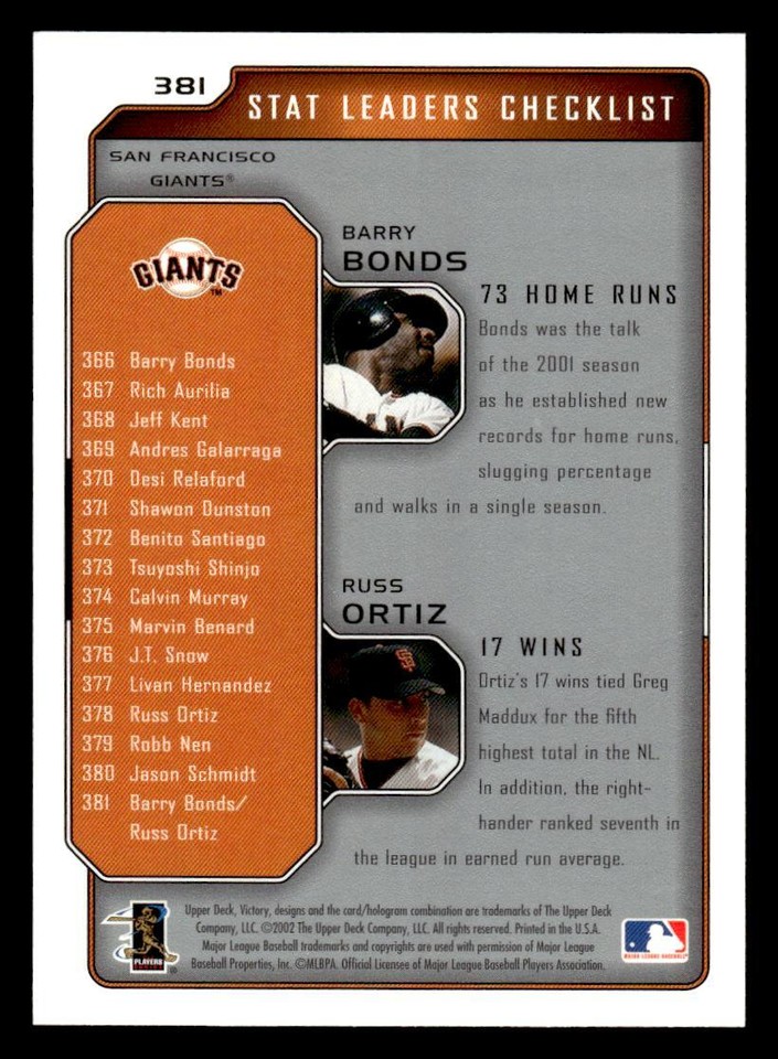 2002 Upper Deck Victory #381 Barry Bonds / Russ Ortiz | eBay