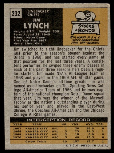 1971 TOPPS JIM LYNCH DP28 KANSAS CITY CHIEFS #232 | eBay
