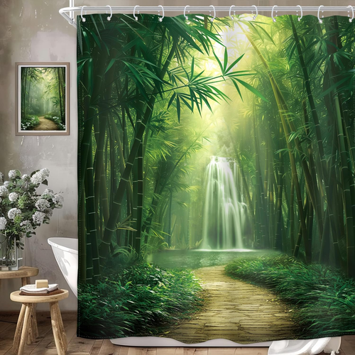 Green Bamboo Shower Curtain Zen Spa Spring Sage Waterfall Nature ...
