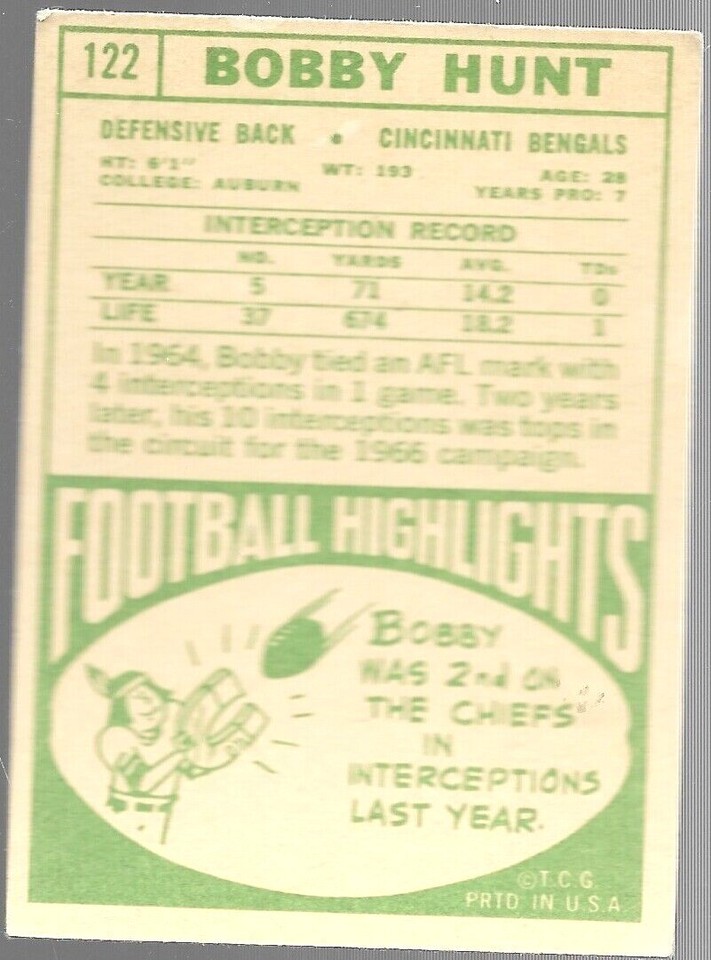 1968 Topps Bobby Hunt 122 Cincinnati Bengals Football | eBay