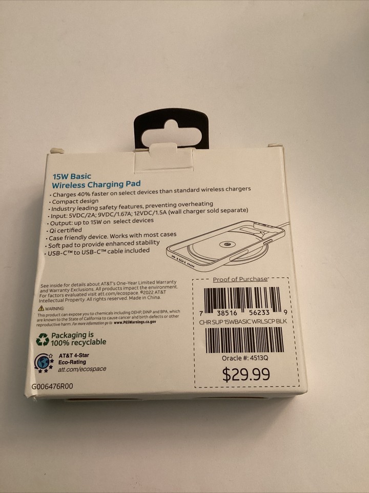 AT&T 15W FastCharge Wireless Charging Pad iPhone/Android Battery ...