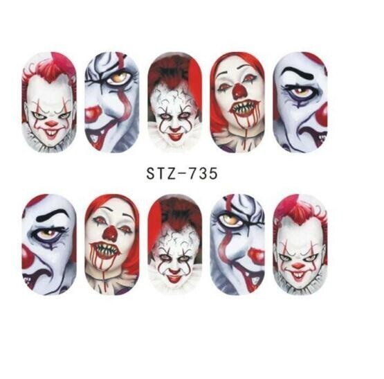 Nail Art Water Decals Stickers Transfers Halloween Freaky Scary Clowns ...