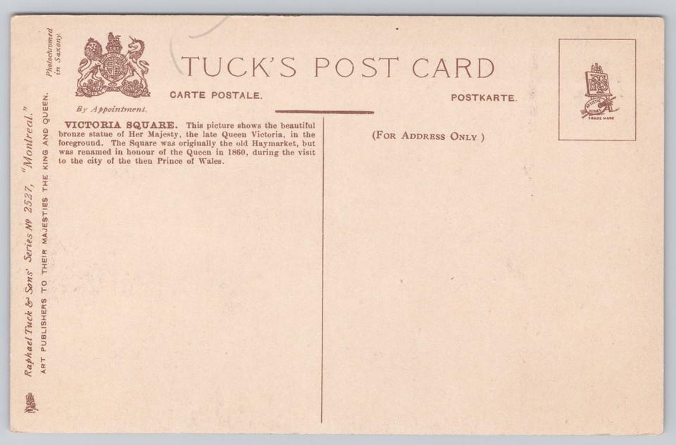 Vintage Montreal Victoria Square Tuck's Postcard with Queen Victoria ...