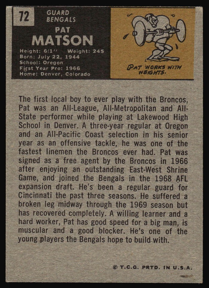 1971 Topps Pat Matson Rookie #72 Cincinnati Bengals L2 | eBay