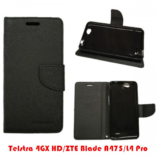 Telstra 4GX HD/ZTE Blade A475/L4 Pro TPU In PU Black Wallet Stand Case ...