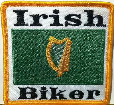 IRISH BIKER with IRISH Flag Embroidered Iron-On Patch Gold Border | eBay