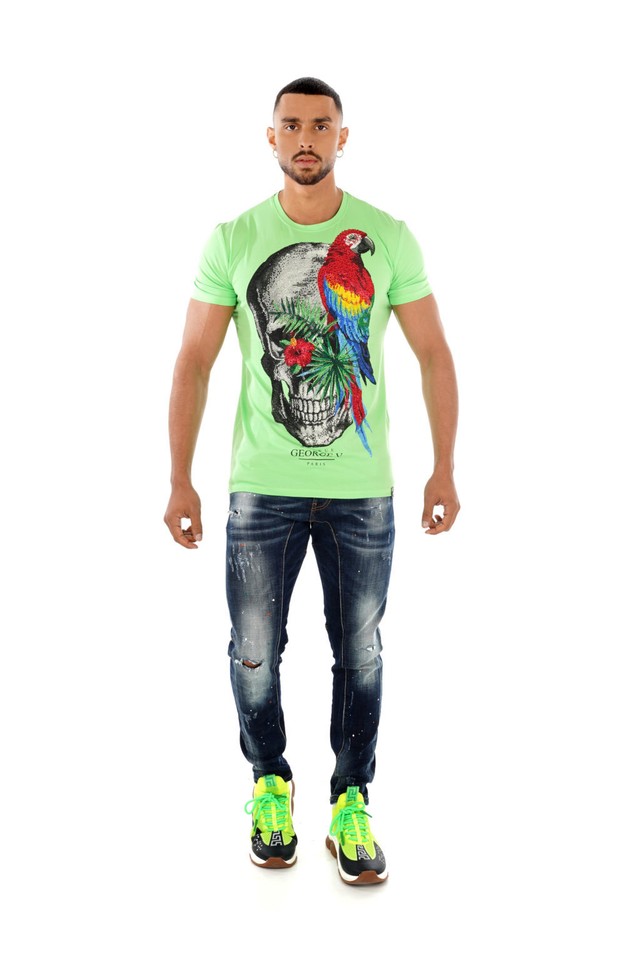 Men's Graphic Skull Fitted Tee Avenue George V T-Shirt rhinestone 2XL ...