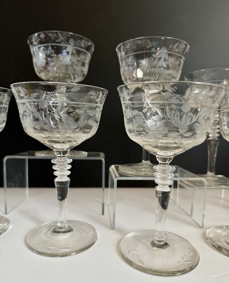 30 Pc Tiffin Etched Crystal Stemware Set Flanders Floral Goblets Coupes ...