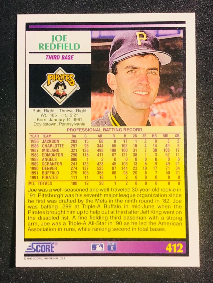 Pittsburgh Pirates JOE REDFIELD auto signed autograph 1992 Score ROOKIE ...