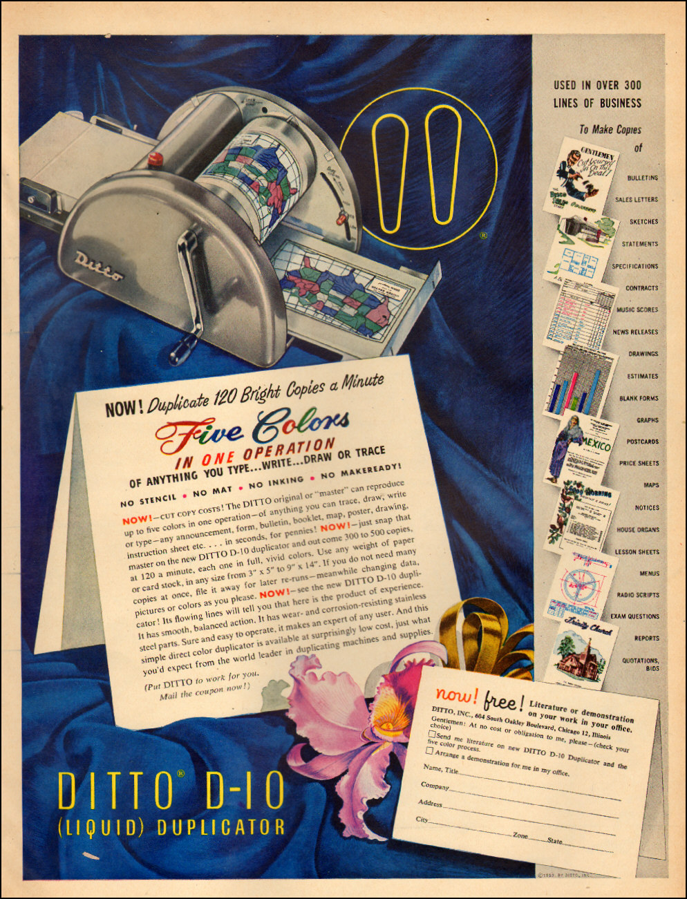 1953 vintage AD DITTO D-10 Liquid Duplicator 120 color copies per ...