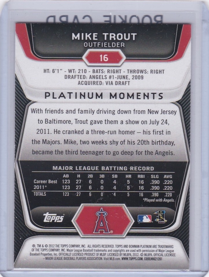 MIKE TROUT ROOKIE CARD Los Angeles Angels Baseball BOWMAN PLATINUM ...