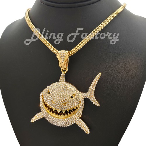 Hip Hop Gold PT 6ix9ine Large Shark Pendant & 18" 30" 36" Franco Chain ...