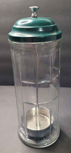 Vintage GEMCO Glass Straw Holder Jar Green Top Container Paneled Metal ...