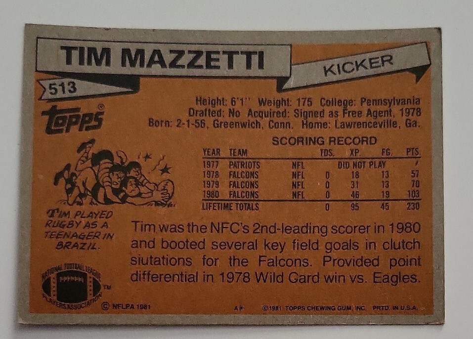 1981 Topps 513 Tim Mazzetti Atlanta Falcons Football Card | eBay