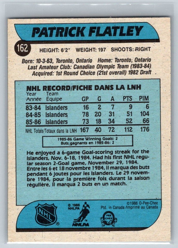1986 O-PEE-CHEE #162 Patrick Flatley New York Islanders | eBay