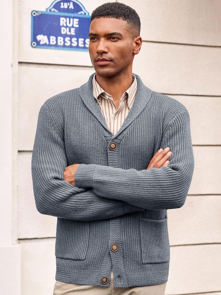 Runcati Mens Shawl Collar Cardigan Sweater Cable Knit Button Down ...