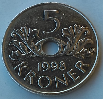5 Kroner 1998. Harald V, KONGERIKET NOREG, Copper-nickel, Norway coin ...