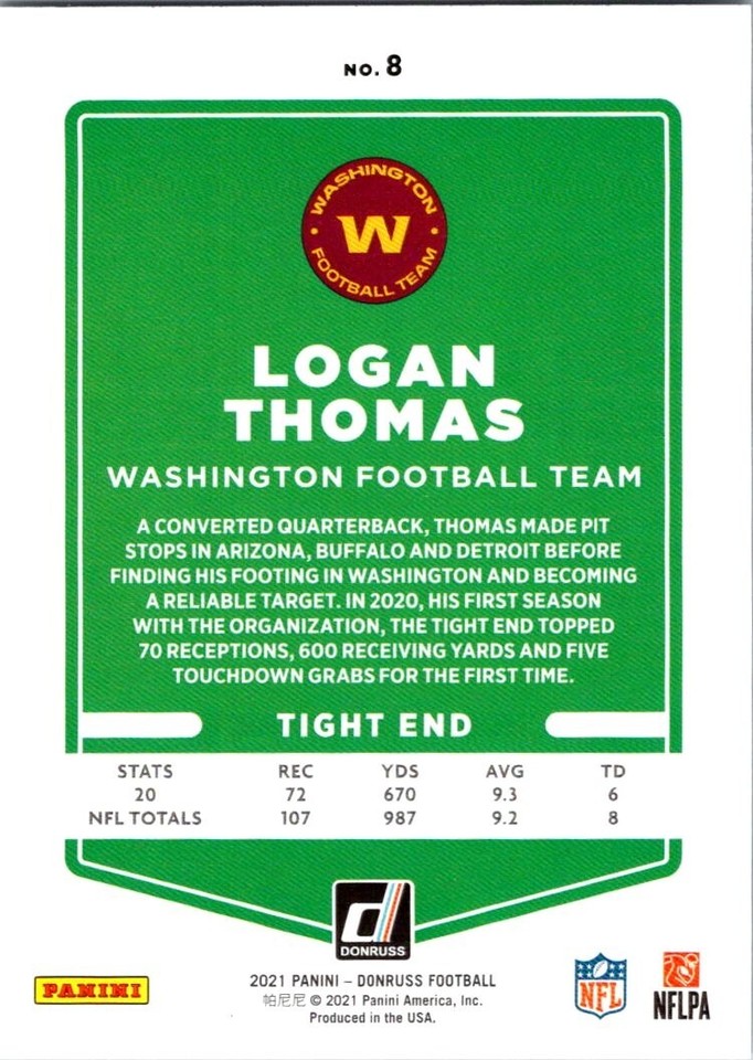 2021 Donruss Logan Thomas #8 Washington Commanders Card Football | eBay
