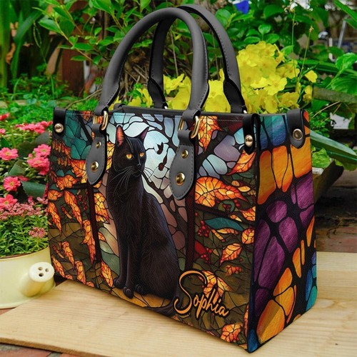 Personalized Black Cat Unique Leather Handbag, Cat Lovers Leather ...