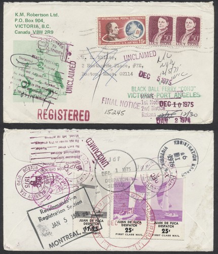 1975 Canada Strike Mail Registered Victoria BC to USA Unclaimed ...