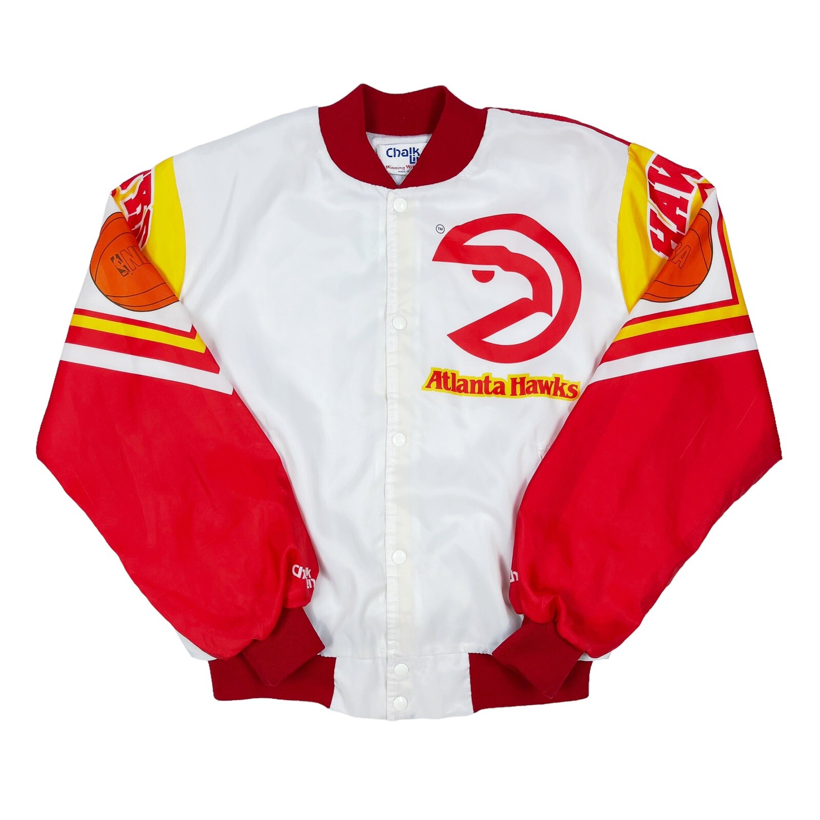 VTG RARE NBA ATLANTA HAWKS CHALK LINE FANIMATION SATIN BOMBER JACKET ...