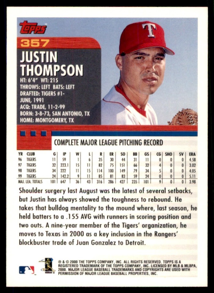 2000 TOPPS #357 JUSTIN THOMPSON TEXAS RANGERS | eBay