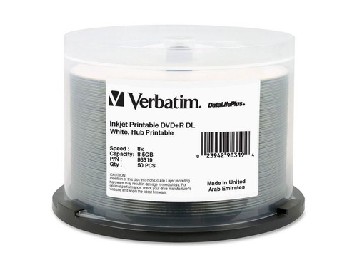 Verbatim 8.5GB 8X DVD+R DL White Inkjet Printable 50 Packs Spindle Disc ...