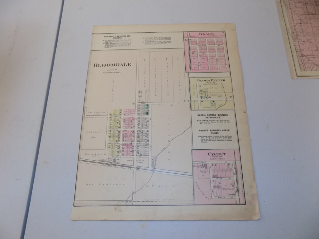 1886 COLOR Map Cities of BLOOMDALE, BLAKE, BLOOM CENTER, CYGNET, OHIO ...