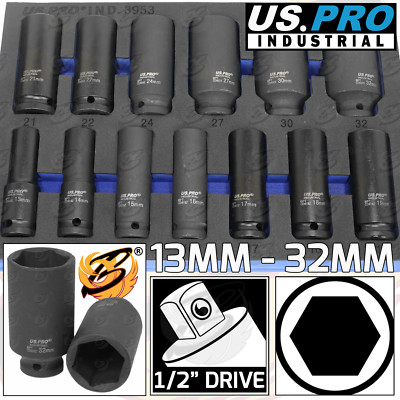 US PRO DEEP IMPACT SOCKET Set 1/2"Dr 13pc 13mm - 32mm 6pt Hex Long ...