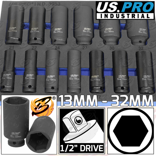 US PRO DEEP IMPACT SOCKET Set 1/2"Dr 13pc 13mm - 32mm 6pt Hex Long ...