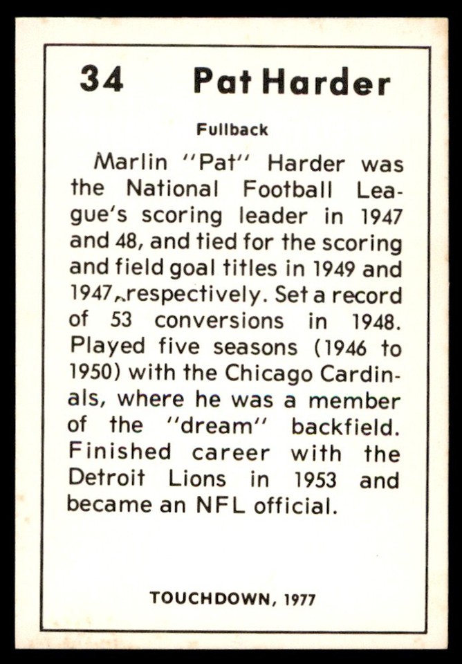 1977 TOUCHDOWN CLUB PAT HARDER CHICAGO CARDINALS #34Q | eBay