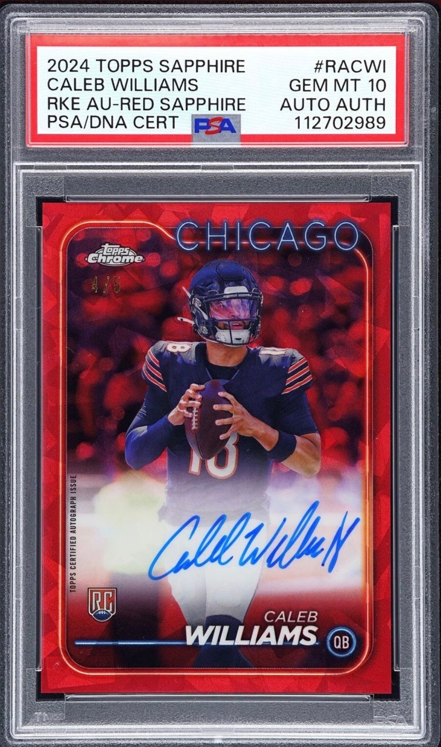 2024 Topps Chrome Sapphire Caleb Williams Red Autograph /5 PSA 10 POP 1 ...