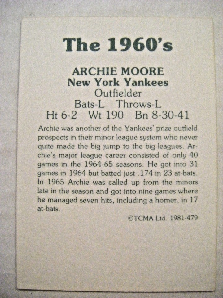 ARCHIE MOORE signed RARE YANKEES 1981 TCMA 1960's baseball card AUTO ...