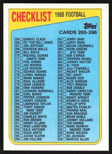 1988 Topps Football Checklist 265-396 #396 | eBay
