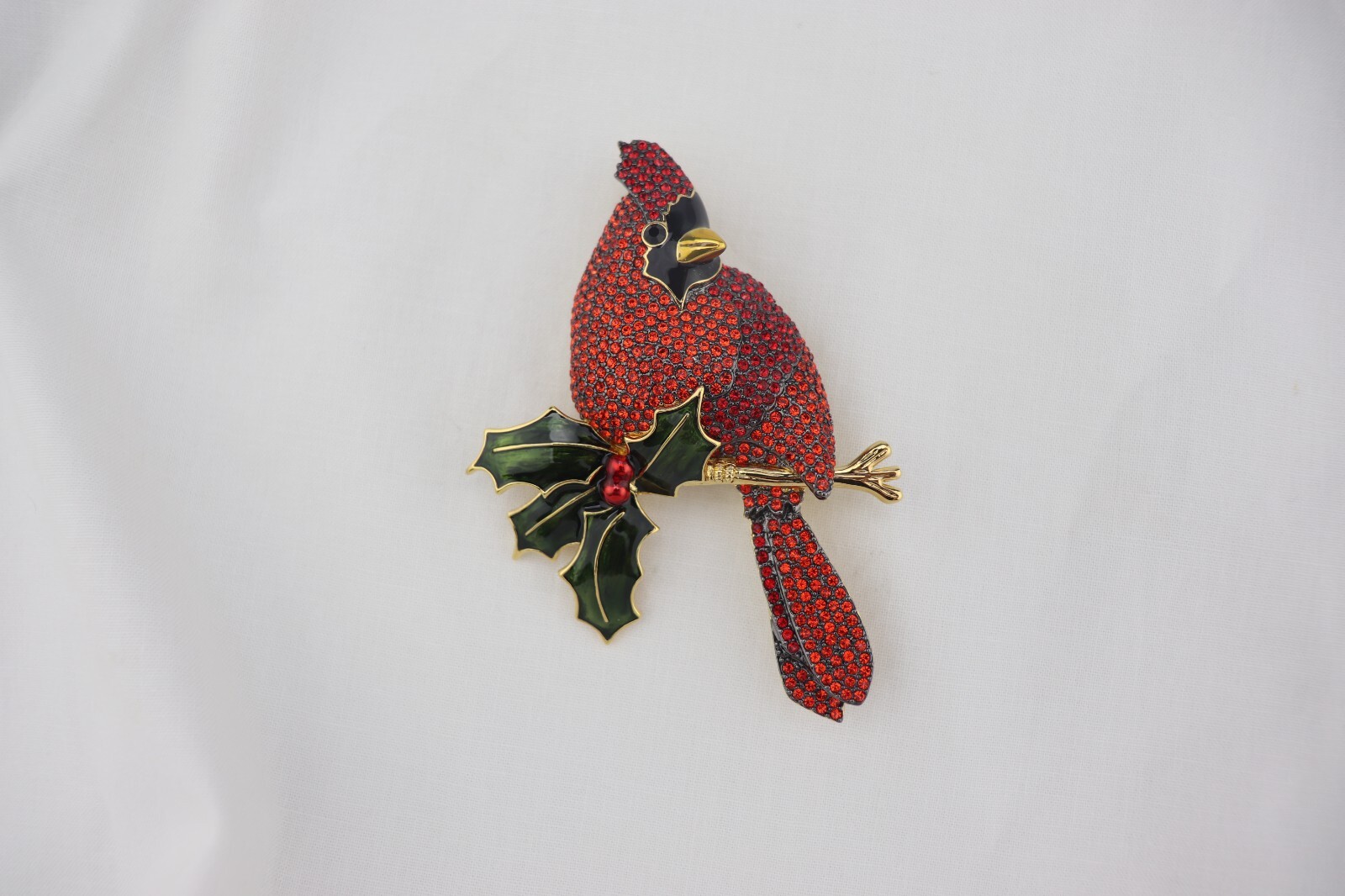 Large JOAN RiVERS CARDINAL BROOCH Red Crystals Green Enamel Holly | eBay