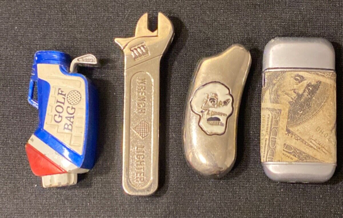 Lot 4 Lighters- Men's Theme - Golf Bag Skull (Bic? Cover Sleeve) Wrench ...