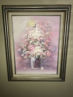 SIGNED ORIGINAL PAINTING STILL LIFE FLORAL FLOWERS VASE VINTAGE ART L ...