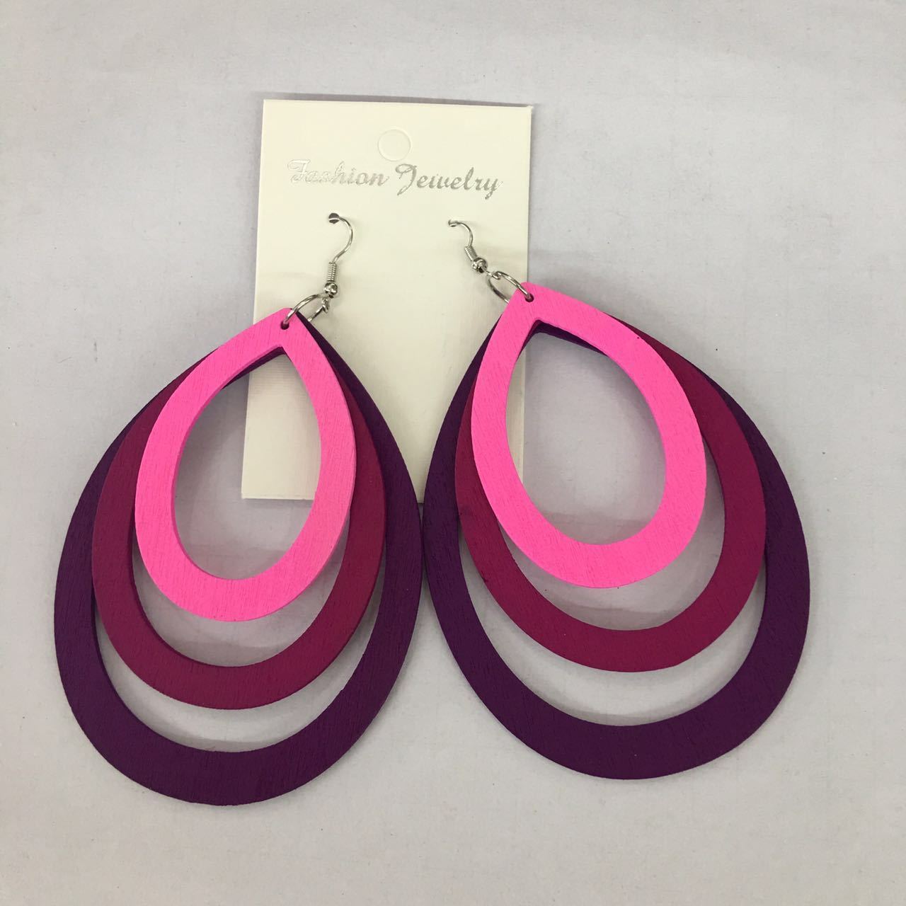 2Pairs Colored 3 Layers Hollowed Wood Dangle Teardrop Earrings Jewelry ...