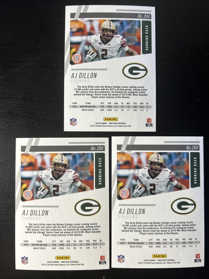 Lot Of 3 AJ Dillon Rookie Cards 2020 Prestige Packers | eBay