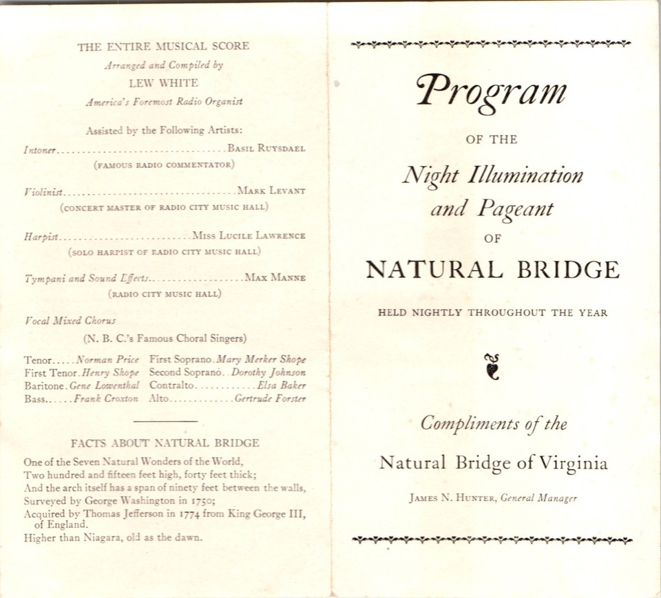 Natural Bridge VA Night Pageant Program Lew White 1950s Rockbridge ...